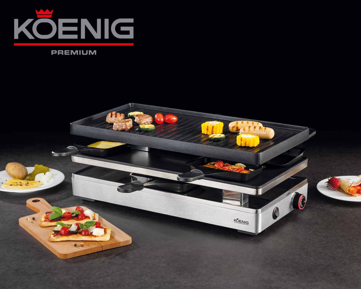 KOENIG Pizza-Raclette-Grill 4-in-1 | Kombi-Grill für 8